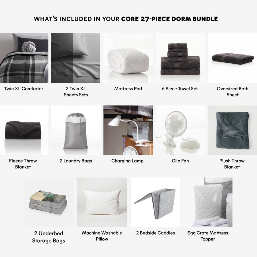 Core 27-Piece Dorm Bundle | Dorm Essentials - Grey Plaid - Dormify